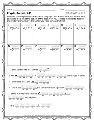 DIVIDING WHOLE NUMBERS CRYPTO ANIMALS Interactive Worksheet – Edform