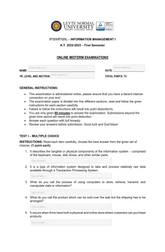 IT_121: Information Management Midterm Examinations 1st Semester SY 2022-2023 Interactive ...