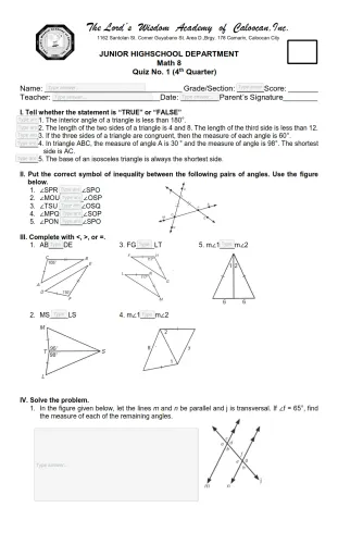 Quiz 1 Math 8 4th Interactive Worksheet Edform