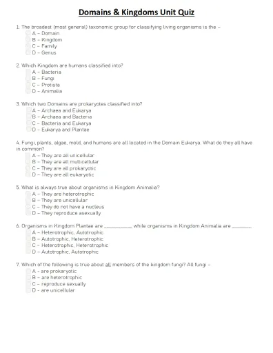 Domains and Kingdoms Unit Quiz Interactive Worksheet – Edform
