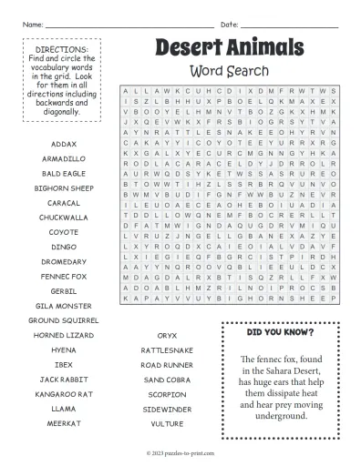 Desert animals word search Interactive Worksheet – Edform