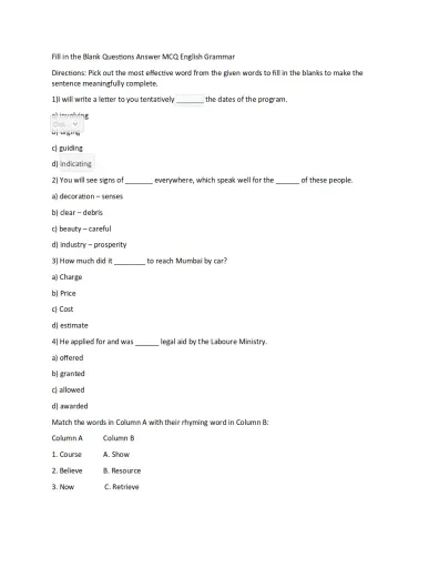 Fill in the Blank Questions Answer MCQ English Grammar Interactive ...