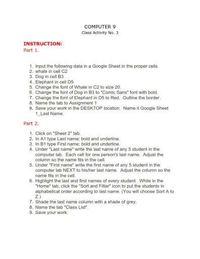 Computer 6 Google Sheet Activity 1 Interactive Worksheet – Edform