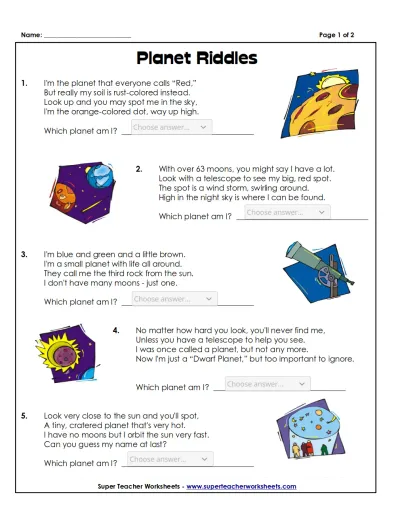 Riddles For Solar System Worksheet