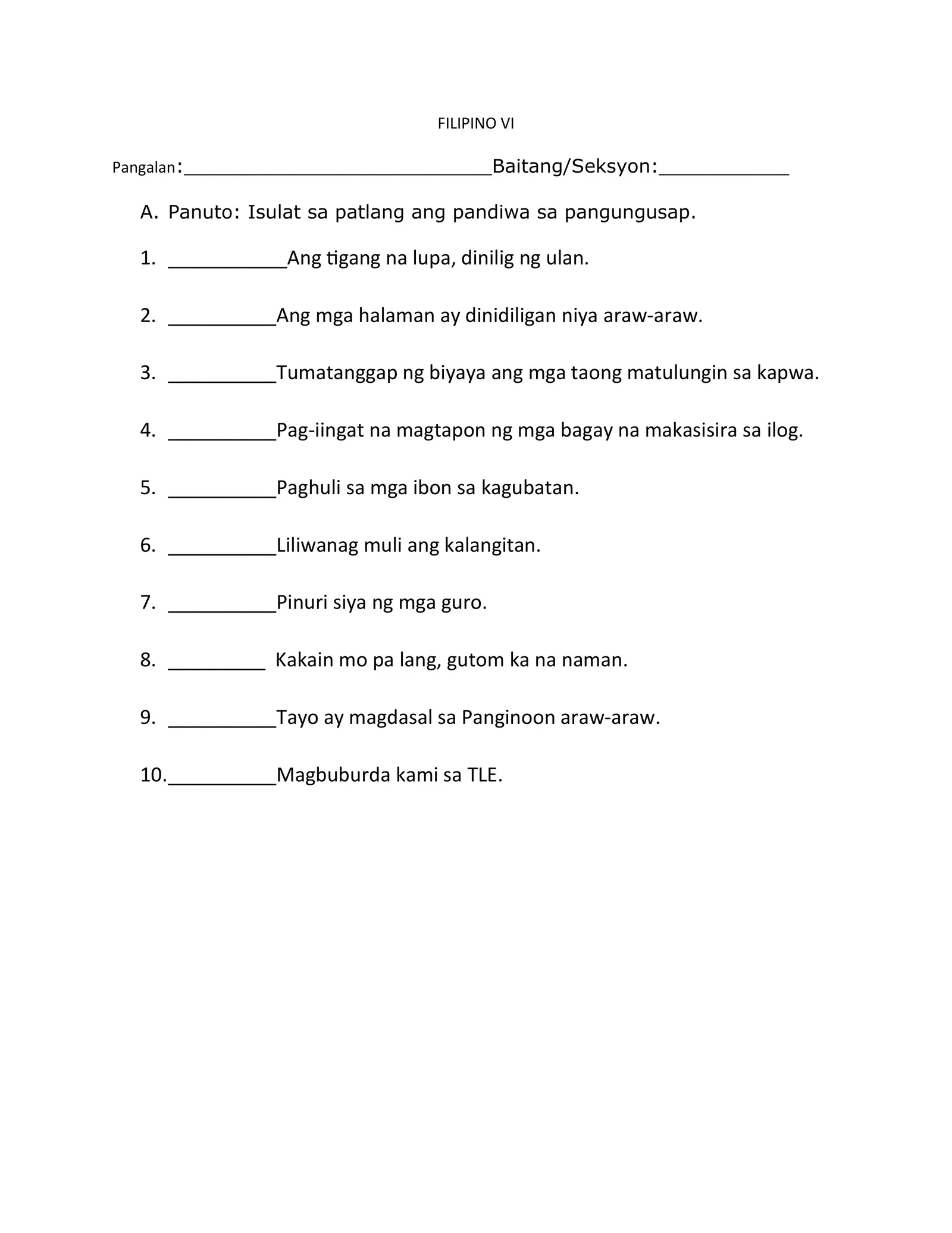 Pokus Ng Pandiwa Worksheets Grade 6