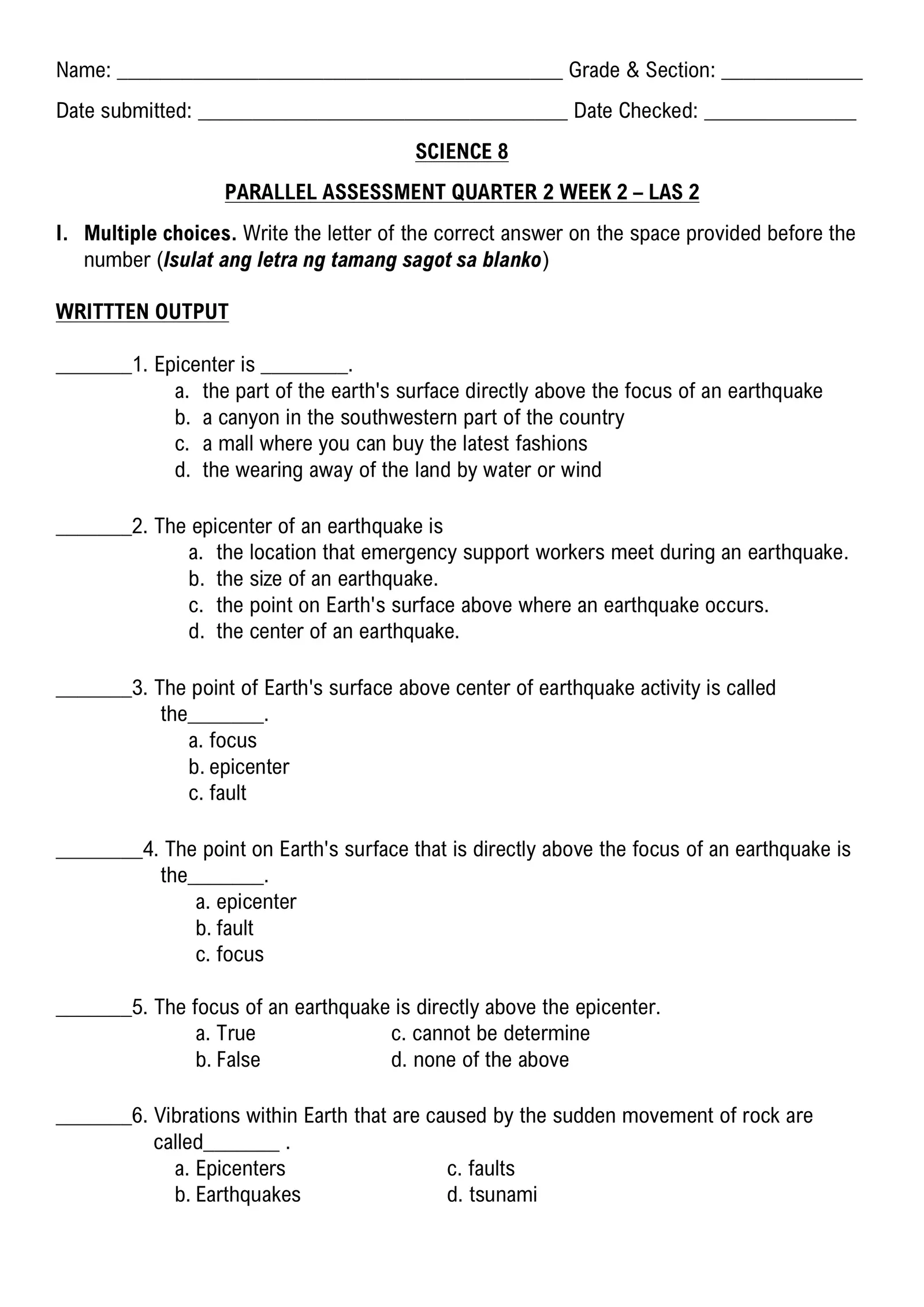 Earthquake Worksheet