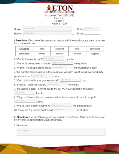 ThirdTerm English4 Week5 CAP Saying Verbs Interactive Worksheet – Edform