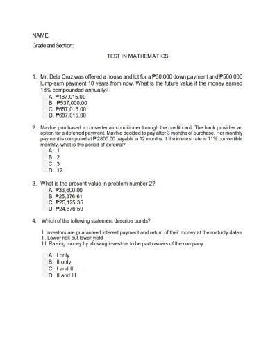TEST IN MATHEMATICS Interactive Worksheet – Edform