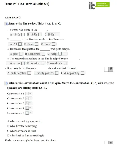 Teens Int TEST Term 3 Interactive Worksheet – Edform
