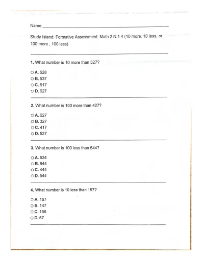 Study Island Formative Assessment Math 2.N.1.4 (10 more, 10 less, or ...