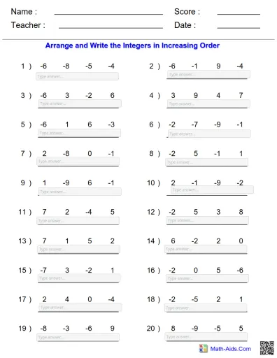 Integer arrange Interactive Worksheet – Edform