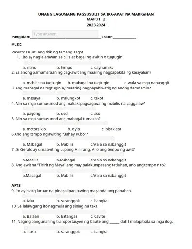 UNANG LAGUMANG PAGSUSULIT SA MAPEH Interactive Worksheet – Edform