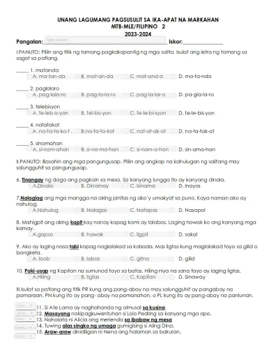 FILIPINO 2 4thmastery Interactive Worksheet – Edform