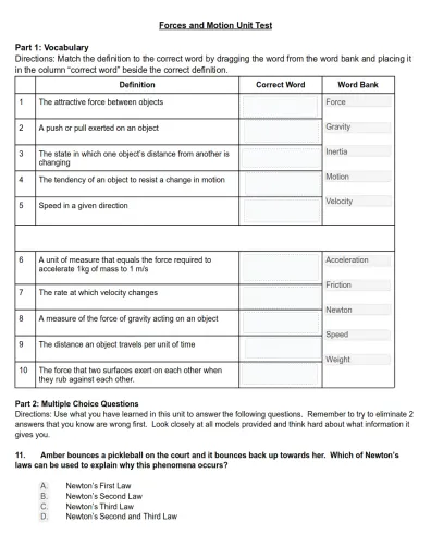 Forces and Motion Unit Test (2) Interactive Worksheet – Edform