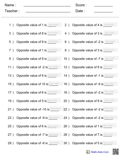 Integer Opposite Value Interactive Worksheet – Edform