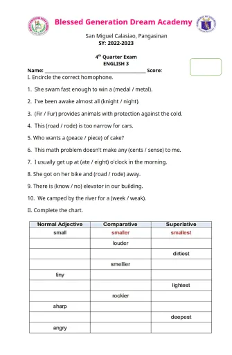 4th quarter exam grade 3 english 2023 Interactive Worksheet – Edform